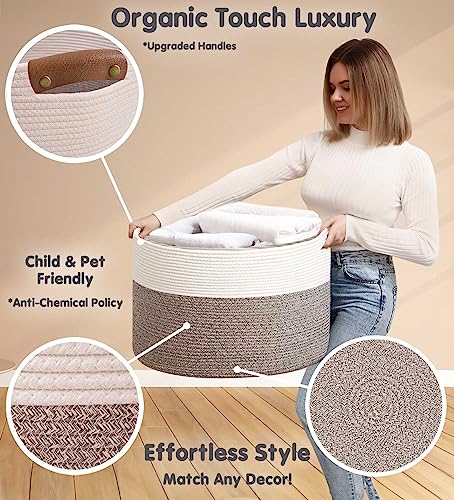 XXXLarge Blanket Storage for Living Room 22 x 14 | Extra Large Laundry Basket | Baby Toy Storage Basket | Blanket Basket Living Room | Woven Basket | Large Baskets for Organizing, Creamy White & Brown