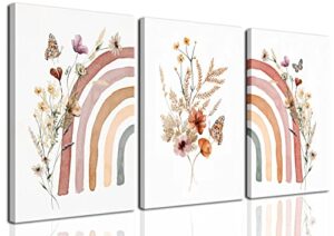 3pcs framed boho rainbow canvas wall art prints cute wildflowers rainbow boho nursery wall decor for girls wall art posters for kids room baby room classroom bedroom decor 12"x16"x3 colorful