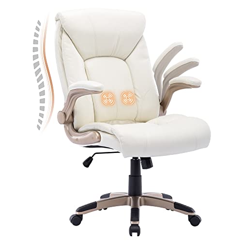 hzlagm Home Office Desk Chair, PU Leather Executive Office Chair, Home Office Computer Chair with Golden Flip-up Armrests, Swivel Rolling Chair with Ergonomic Support for Adult Working Study (White)