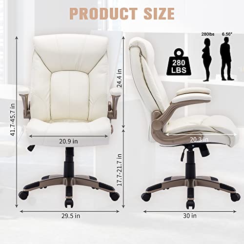 hzlagm Home Office Desk Chair, PU Leather Executive Office Chair, Home Office Computer Chair with Golden Flip-up Armrests, Swivel Rolling Chair with Ergonomic Support for Adult Working Study (White)