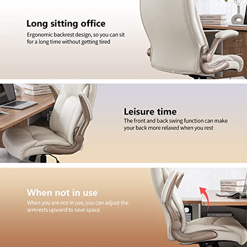 hzlagm Home Office Desk Chair, PU Leather Executive Office Chair, Home Office Computer Chair with Golden Flip-up Armrests, Swivel Rolling Chair with Ergonomic Support for Adult Working Study (White)