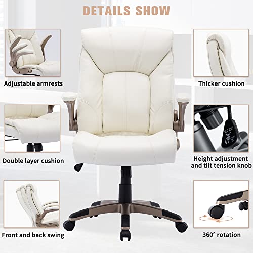 hzlagm Home Office Desk Chair, PU Leather Executive Office Chair, Home Office Computer Chair with Golden Flip-up Armrests, Swivel Rolling Chair with Ergonomic Support for Adult Working Study (White)