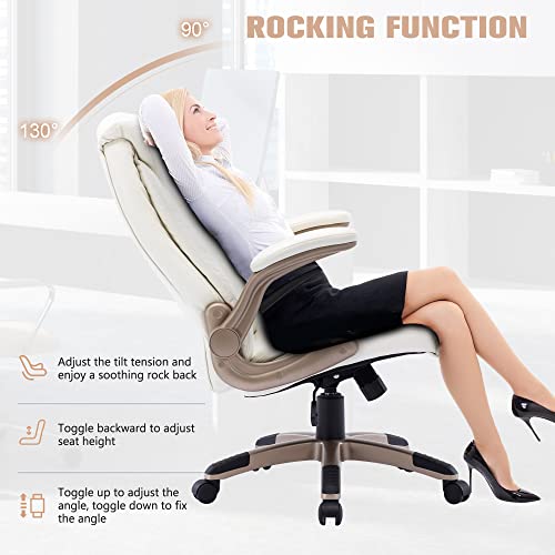 hzlagm Home Office Desk Chair, PU Leather Executive Office Chair, Home Office Computer Chair with Golden Flip-up Armrests, Swivel Rolling Chair with Ergonomic Support for Adult Working Study (White)