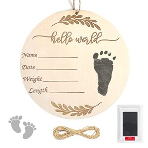 wooden baby announcement sign, hello world newborn sign, birth announcement sign with ink pad, baby name announcement sign newborn for nursery gift baby photo prop shower keepsakes (brown)