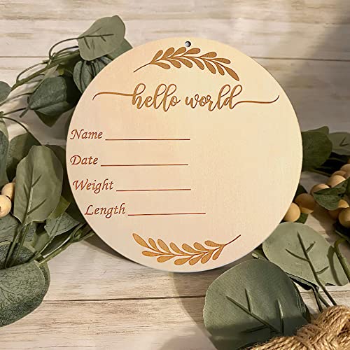 Wooden Baby Announcement Sign, hello world newborn sign, Birth Announcement Sign with Ink Pad, Baby Name Announcement Sign Newborn for Nursery Gift Baby Photo Prop Shower Keepsakes (Brown)