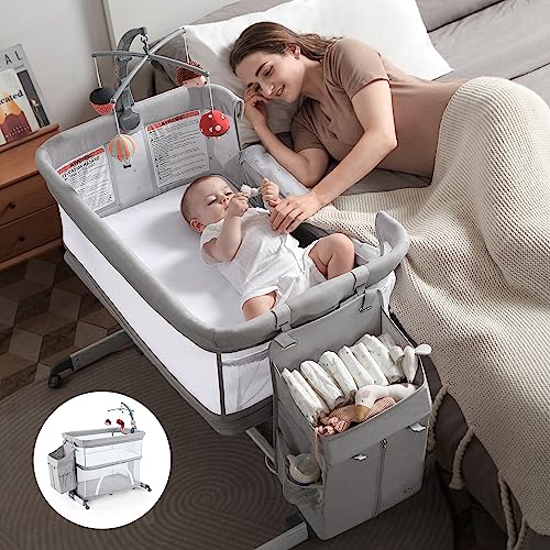 besrey 5 in 1 Baby Bassinet Bedside Sleeper, Playpen with Bassinet & Baby Cradle, 0-18 Months (Without Stars Printing on The 360° Mesh)