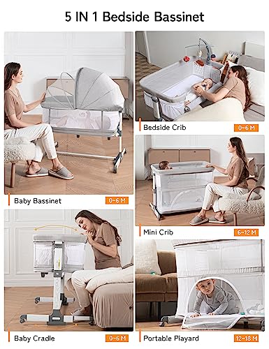 besrey 5 in 1 Baby Bassinet Bedside Sleeper, Playpen with Bassinet & Baby Cradle, 0-18 Months (Without Stars Printing on The 360° Mesh)