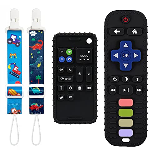 Kpblis Baby Teether Toys, 2 Pcs Remote Control Shape Teething Toys and Phone Shaped Teether for Baby, Silicone Teethers for Babies 6-12 Months, Early Educational Sensory Toy - Black,Black