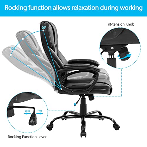 Yaheetech High Back Managerial Executive Chair PU Leather Ergonomic Computer Chair Large Seat Swivel Chair, Sturdy Metal Base, Black