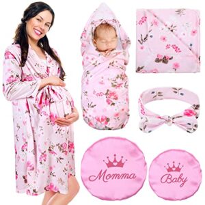 mepase 5 pcs mommy and me robe swaddle headband cap set including maternity robe baby swaddle blanket headband hat for mom and baby (x-large)