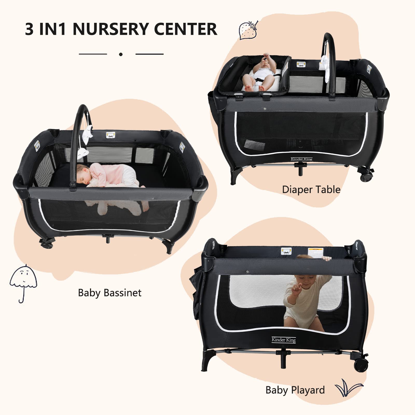 Kinder King 3 in 1 Portable Baby Playard, Foldable Pack n Play, Nursery Center for Infant & Toddler, Removable Mattress, Newborn Changing Table, Travel Bag, Toy Bar, Storage Basket, Black