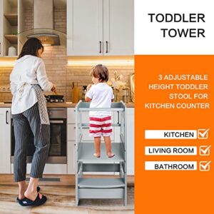 DEARYOU Toddler Stool Tower,Toddler Kitchen Stool, Kitchen Standing Helper Stool for Toddlers, Toddler Stool for Kitchen Counter, Learning Kitchen Tower for Toddlers, Helper Standing Tower, Grey