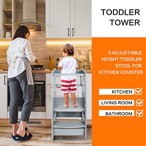 DEARYOU Toddler Stool Tower,Toddler Kitchen Stool, Kitchen Standing Helper Stool for Toddlers, Toddler Stool for Kitchen Counter, Learning Kitchen Tower for Toddlers, Helper Standing Tower, Grey