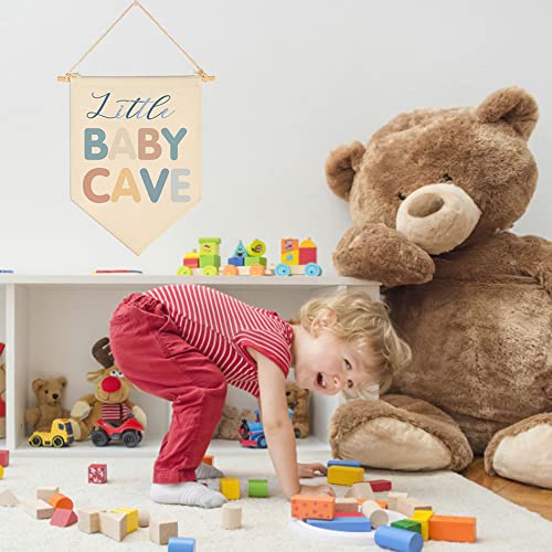 Baby Nursery Decor - Little Baby Cave - 16×12 Inch Nursery Decor Canvas Banner with Wood Hanger, Nursery Wall Decor for Newborn Bedroom, Nursery, Playroom, Classroom - Birthday Christmas Gift