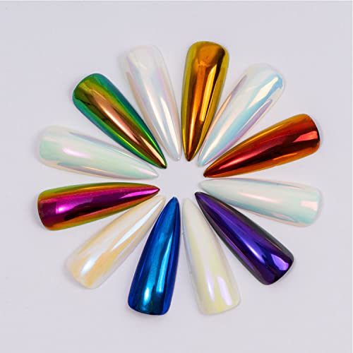 Katfan Pearl Liquid Nail Powder Pearlescent Ice Aurora Dust Nail Powder Chameleon Holographic Chrome Iridescent Mirror Effect Pigment High Gloss Nail Art Glitter for Home DIY Nail Tips