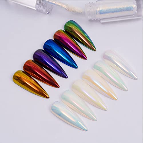 Katfan Pearl Liquid Nail Powder Pearlescent Ice Aurora Dust Nail Powder Chameleon Holographic Chrome Iridescent Mirror Effect Pigment High Gloss Nail Art Glitter for Home DIY Nail Tips