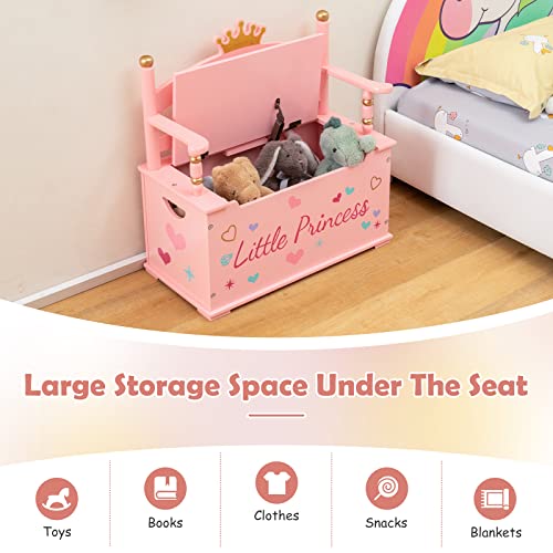 HONEY JOY Pink Wooden Toy Box, 2 in 1 Crown Large Toy Storage Chest with Safety Hinged Lid, Kids Toy Storage Bench for Playroom Bedroom, Children's Furniture, Gift for Princess Girls Age 3+, Pink