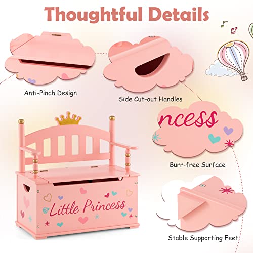 HONEY JOY Pink Wooden Toy Box, 2 in 1 Crown Large Toy Storage Chest with Safety Hinged Lid, Kids Toy Storage Bench for Playroom Bedroom, Children's Furniture, Gift for Princess Girls Age 3+, Pink