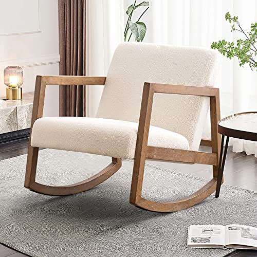 CDCASA Nursery Rocking Chair, Teddy Fabric Upholstered Glider Chair for Nursery, High Backrest Modern Accent Chair Comfy Single Arm Chair for Living Room, Bedroom, Office, 1 PCS