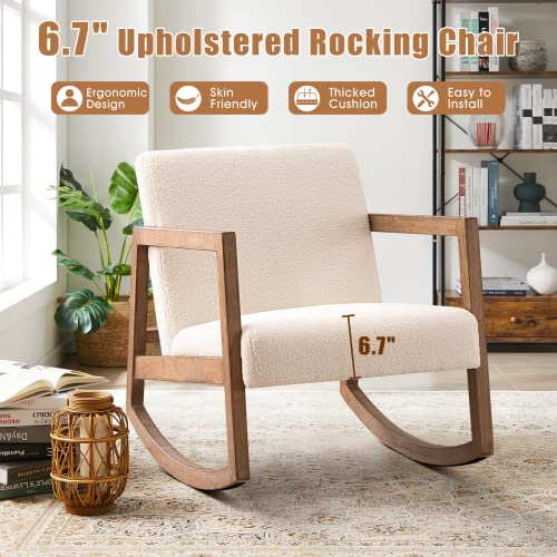 CDCASA Nursery Rocking Chair, Teddy Fabric Upholstered Glider Chair for Nursery, High Backrest Modern Accent Chair Comfy Single Arm Chair for Living Room, Bedroom, Office, 1 PCS