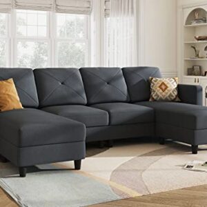 HONBAY Convertible Sectional Sofa U Shaped Couch 4 Seat Sofa with Double Chaises for Living Room, Bluish Grey