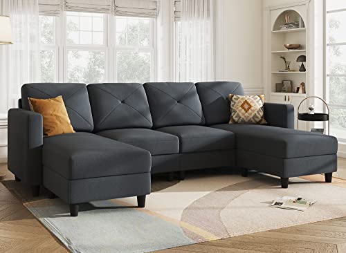 HONBAY Convertible Sectional Sofa U Shaped Couch 4 Seat Sofa with Double Chaises for Living Room, Bluish Grey