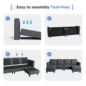 HONBAY Convertible Sectional Sofa U Shaped Couch 4 Seat Sofa with Double Chaises for Living Room, Bluish Grey