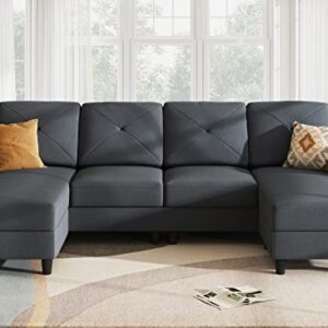 HONBAY Convertible Sectional Sofa U Shaped Couch 4 Seat Sofa with Double Chaises for Living Room, Bluish Grey