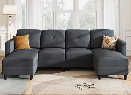 HONBAY Convertible Sectional Sofa U Shaped Couch 4 Seat Sofa with Double Chaises for Living Room, Bluish Grey