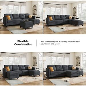 HONBAY Convertible Sectional Sofa U Shaped Couch 4 Seat Sofa with Double Chaises for Living Room, Bluish Grey