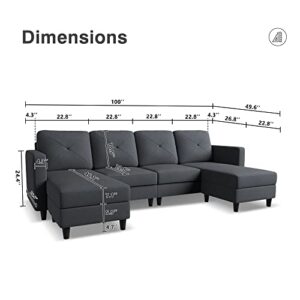 HONBAY Convertible Sectional Sofa U Shaped Couch 4 Seat Sofa with Double Chaises for Living Room, Bluish Grey