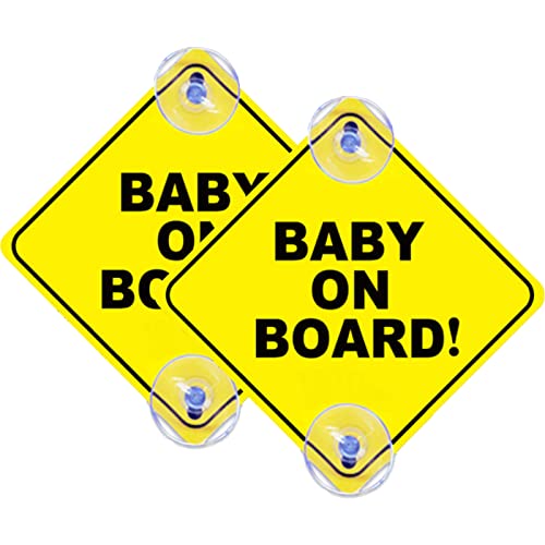 Baby On Board Signs Suction Cups, 2PCS Reusable Waterproof Kids Safety Warning Sticker Notice Board Car Accessories Sign For Car Window, 5" x 5"