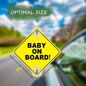 Baby On Board Signs Suction Cups, 2PCS Reusable Waterproof Kids Safety Warning Sticker Notice Board Car Accessories Sign For Car Window, 5" x 5"