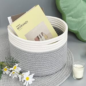 Small Rope Basket small basket Round woven basket with Handle Cute Cotton Basket 9.5 * 9.5 * 7.1 inches Nursery Shelf Small Storage Basket Splicing Grey White Color Design Style Capacity 8.2L