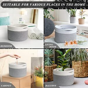 Small Rope Basket small basket Round woven basket with Handle Cute Cotton Basket 9.5 * 9.5 * 7.1 inches Nursery Shelf Small Storage Basket Splicing Grey White Color Design Style Capacity 8.2L