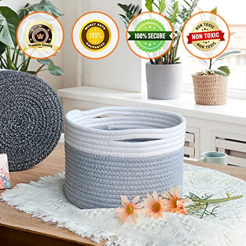 Small Rope Basket small basket Round woven basket with Handle Cute Cotton Basket 9.5 * 9.5 * 7.1 inches Nursery Shelf Small Storage Basket Splicing Grey White Color Design Style Capacity 8.2L