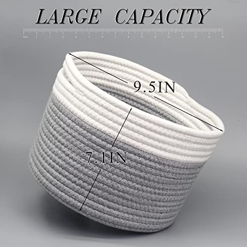 Small Rope Basket small basket Round woven basket with Handle Cute Cotton Basket 9.5 * 9.5 * 7.1 inches Nursery Shelf Small Storage Basket Splicing Grey White Color Design Style Capacity 8.2L