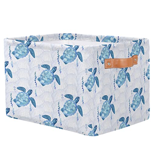 Ocean Sea Turtle Storage Basket Cube Turtoise Mermaid Sclae Large Toys Storage Box Bin with Handle Collapsible Closet Shelf Cloth Organizer for Nursery Bedroom,15x11x9.5 in,1 Pack