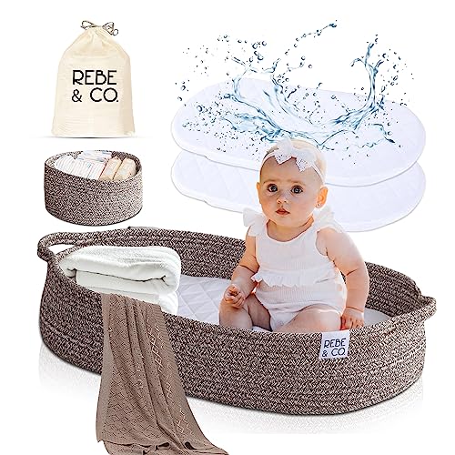 Baby Changing Basket for Baby Dresser, Foam Pad with Two Waterproof Covers, Includes Diaper Organizer, Table Moses, Changing Table Topper for Dresser Boho by REBE & CO