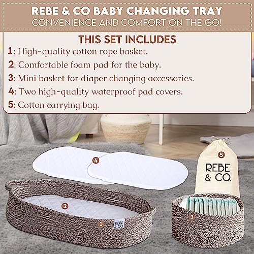 Baby Changing Basket for Baby Dresser, Foam Pad with Two Waterproof Covers, Includes Diaper Organizer, Table Moses, Changing Table Topper for Dresser Boho by REBE & CO