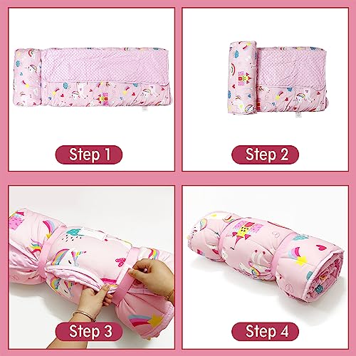 LIDEMA Toddler Nap Mat with Pillow and Blanket, Cozy and Durable Toddler Nap Mat for Daycare and Preschool, Travel and Camping, 22.1" x 55.1", Lightweight and Soft Sleeping Bags for Kids - Pink