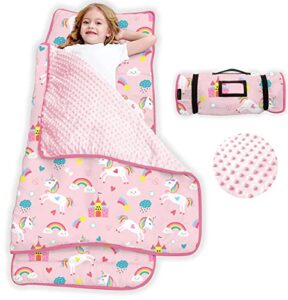 lidema toddler nap mat with pillow and blanket, cozy and durable toddler nap mat for daycare and preschool, travel and camping, 22.1" x 55.1", lightweight and soft sleeping bags for kids - pink