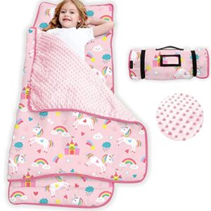 LIDEMA Toddler Nap Mat with Pillow and Blanket, Cozy and Durable Toddler Nap Mat for Daycare and Preschool, Travel and Camping, 22.1" x 55.1", Lightweight and Soft Sleeping Bags for Kids - Pink