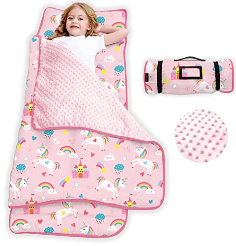 LIDEMA Toddler Nap Mat with Pillow and Blanket, Cozy and Durable Toddler Nap Mat for Daycare and Preschool, Travel and Camping, 22.1" x 55.1", Lightweight and Soft Sleeping Bags for Kids - Pink