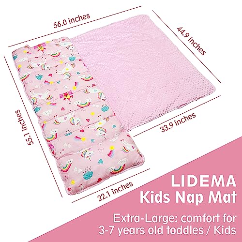 LIDEMA Toddler Nap Mat with Pillow and Blanket, Cozy and Durable Toddler Nap Mat for Daycare and Preschool, Travel and Camping, 22.1" x 55.1", Lightweight and Soft Sleeping Bags for Kids - Pink