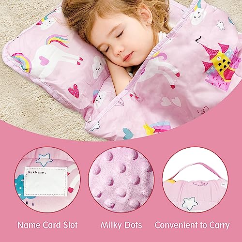 LIDEMA Toddler Nap Mat with Pillow and Blanket, Cozy and Durable Toddler Nap Mat for Daycare and Preschool, Travel and Camping, 22.1" x 55.1", Lightweight and Soft Sleeping Bags for Kids - Pink