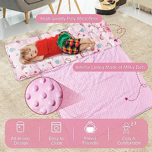 LIDEMA Toddler Nap Mat with Pillow and Blanket, Cozy and Durable Toddler Nap Mat for Daycare and Preschool, Travel and Camping, 22.1" x 55.1", Lightweight and Soft Sleeping Bags for Kids - Pink