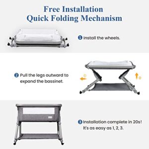 Baby Bassinet Bedside Sleeper for Baby, Foldable Bedside Crib, Li’l Pengyu Free-Installation Foldable Bedside Co-Sleeper with Rocking Cradle Mode, Come with Comfy Mattress& Portable Bag