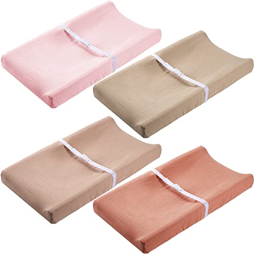 4 Pcs Cotton Diaper Changing Pad Cover Soft Muslin Changing Table Pad Cover Comfort Diaper Changing Pad Breathable Changing Table Sheets for Baby Boys Girls Gift Fit 32 x 16 Contoured Pad