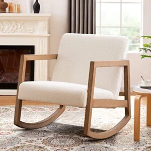 senyun rocking chair nursery, teddy fabric upholstered glider chair for nursery, high backrest accent chairs rocker wooden armchair for living room, bedroom